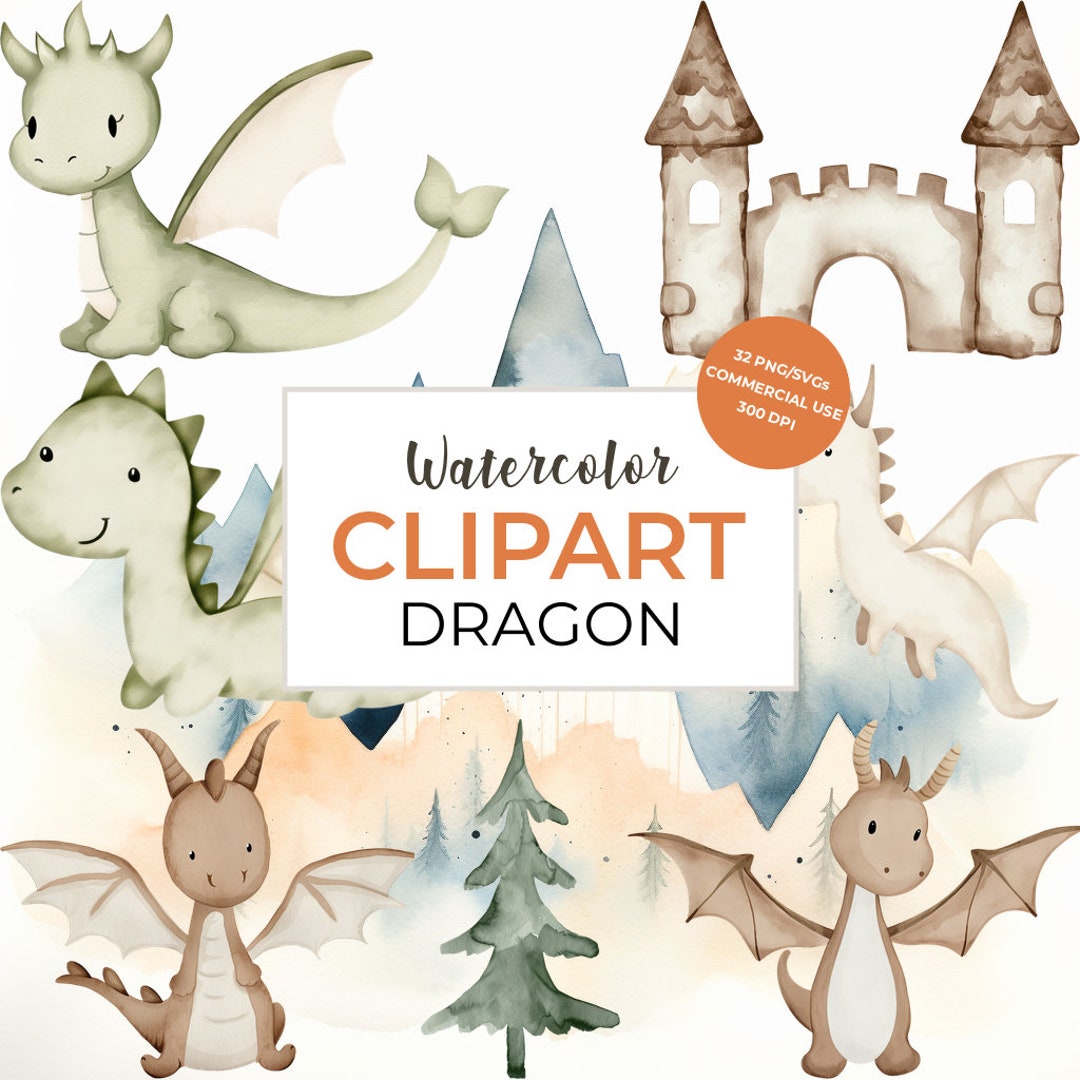 Watercolor Dragon Clipart Bundle, Cute Dragon Clip Art, Dragon PNG, SVG ...