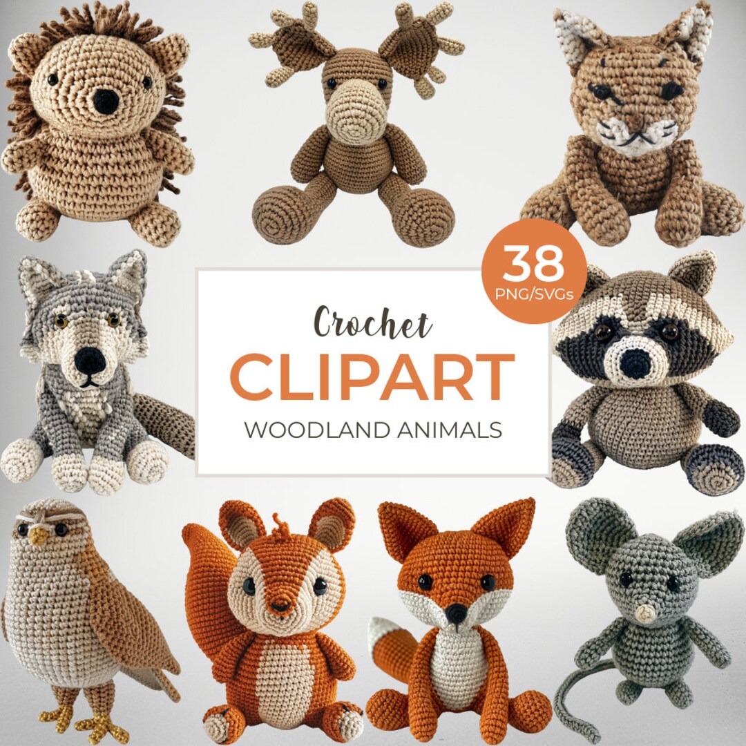 Crochet Forest Animal Clipart Bundle, 38 High Quality PNG, Knitted ...