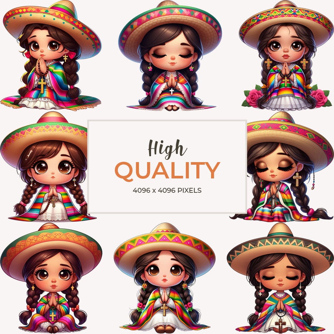 Cute Chibi Mexican Girl Clipart, 32 PNG, SVG, Hispanic Girl Png, Latina ...
