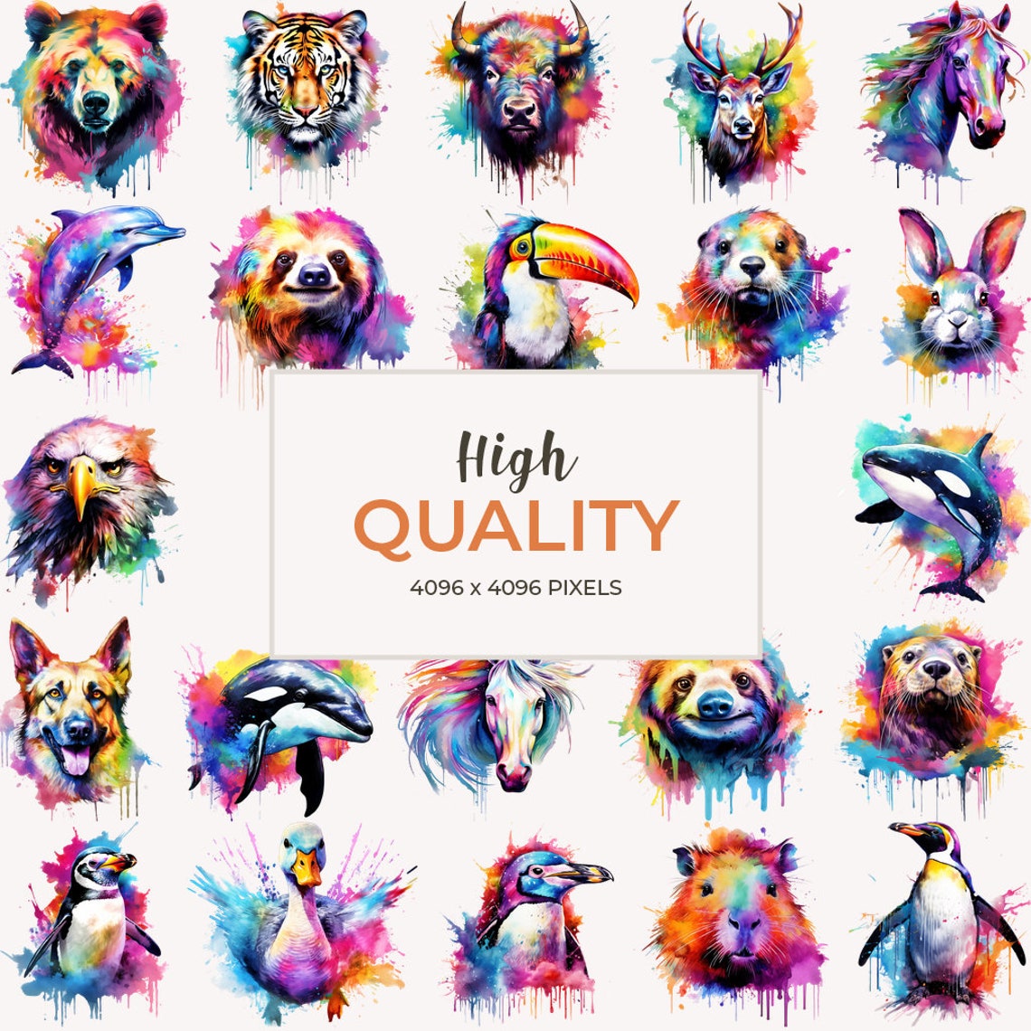 Watercolor Rainbow Animals Clipart Bundle, Cute Rainbow Animals Clip ...