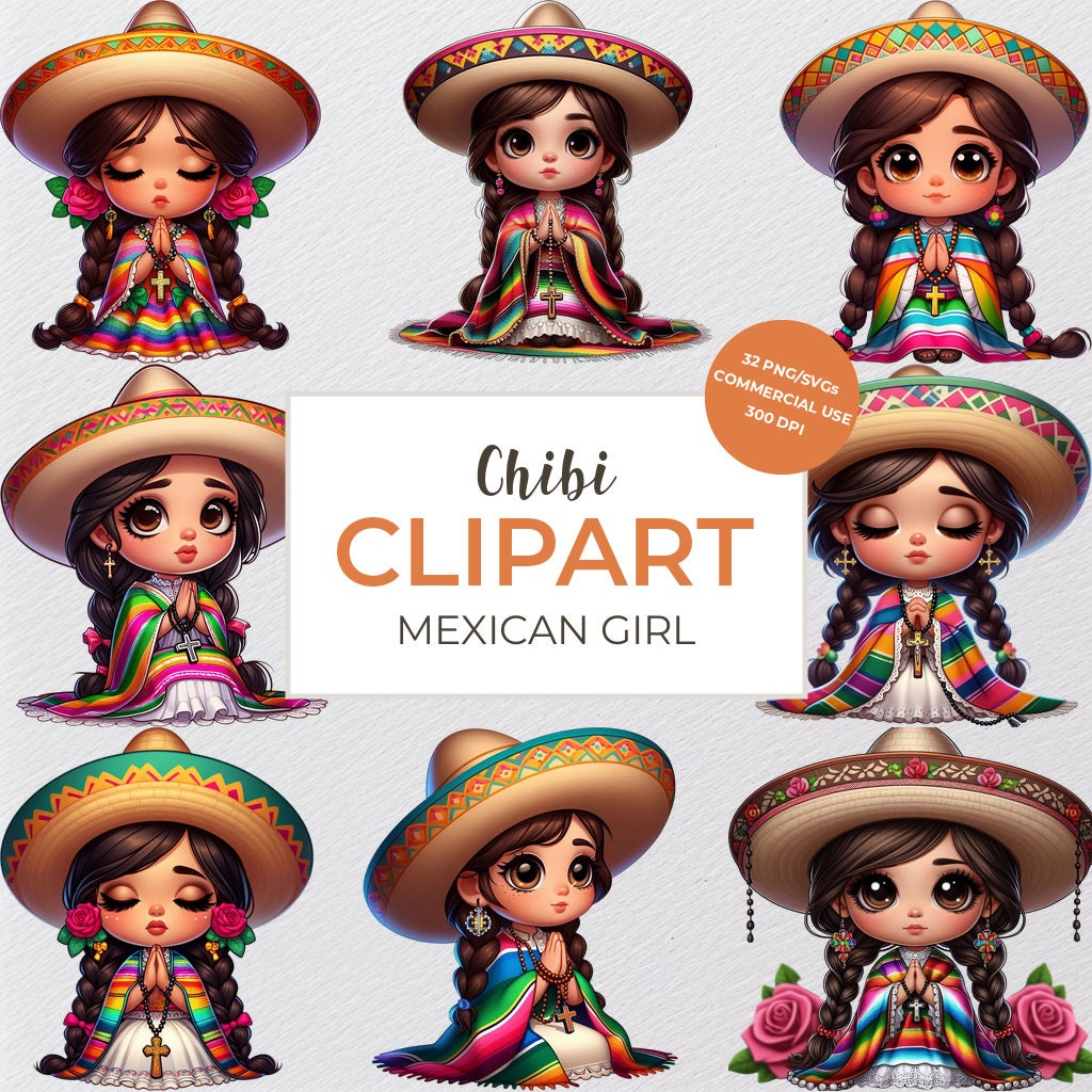 Cute Chibi Mexican Girl Clipart, 32 PNG, SVG, Hispanic Girl Png, Latina ...