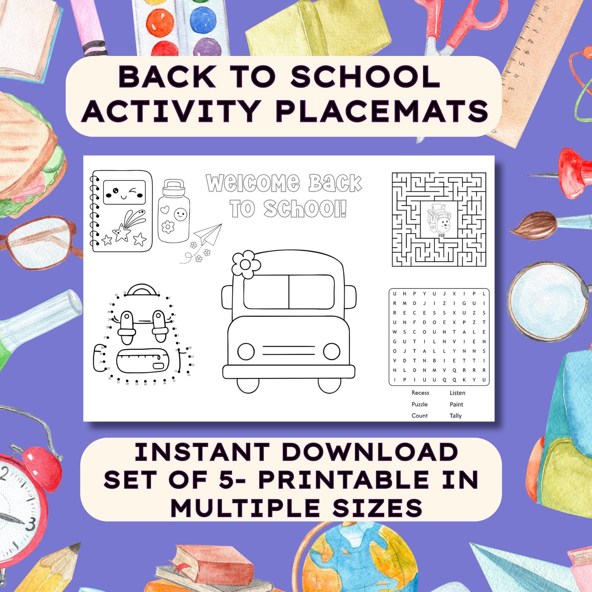 Printable School Activity Placemat, Educational Worksheet for Kids ...
