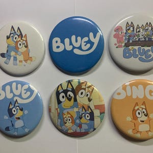 BLUEY Set of 6 Badges Pins 58mm Handmade Retro Unique Gift Kids Adults ...