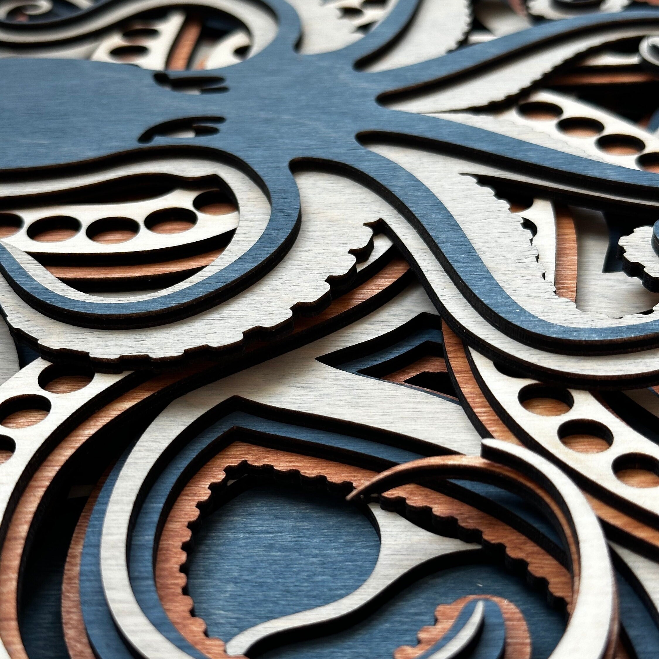 Layered Octopus Wood Artwork Handmade Striking Original Decor Elemental ...