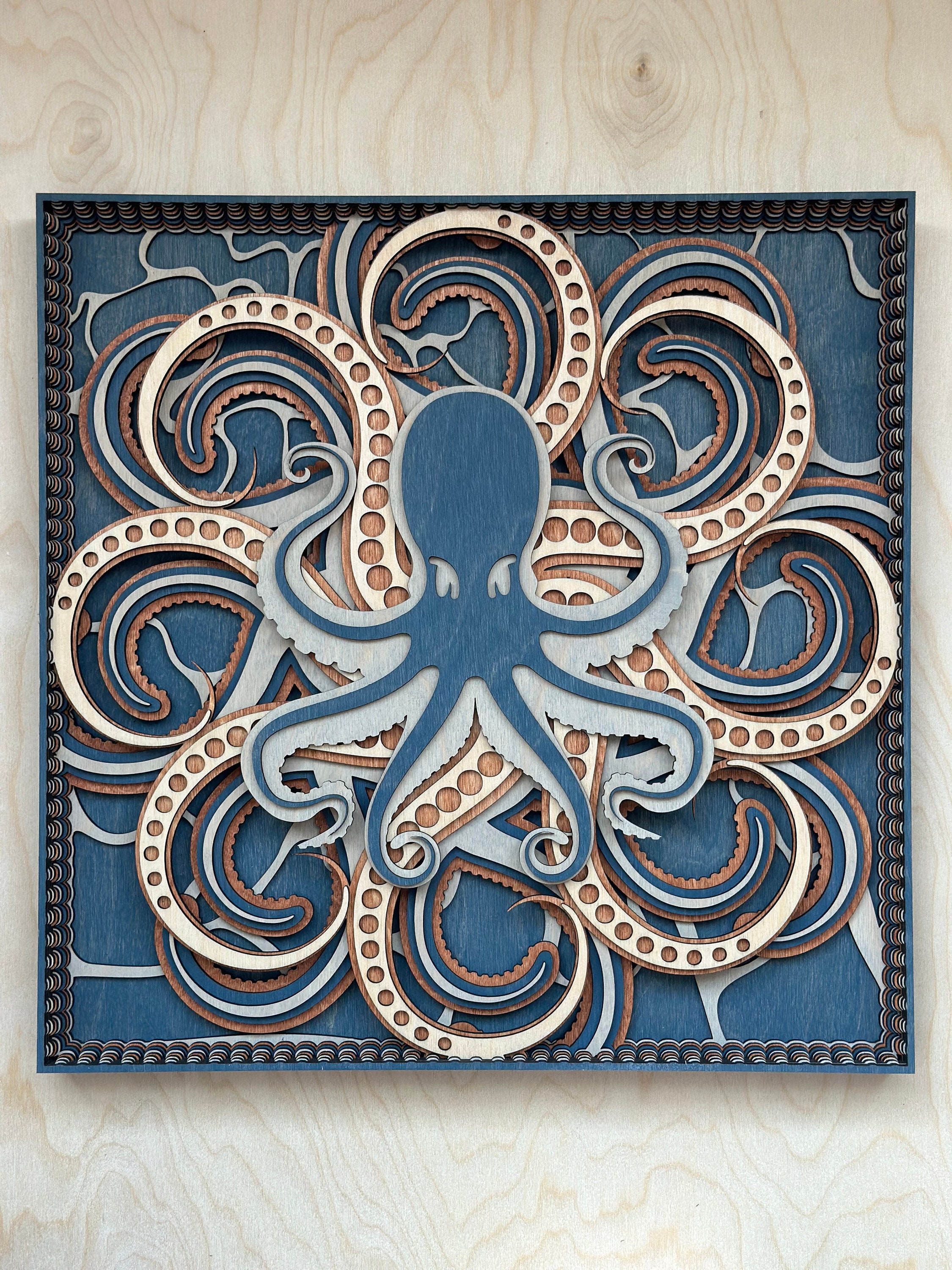 Layered Octopus Wood Artwork Handmade Striking Original Decor Elemental ...
