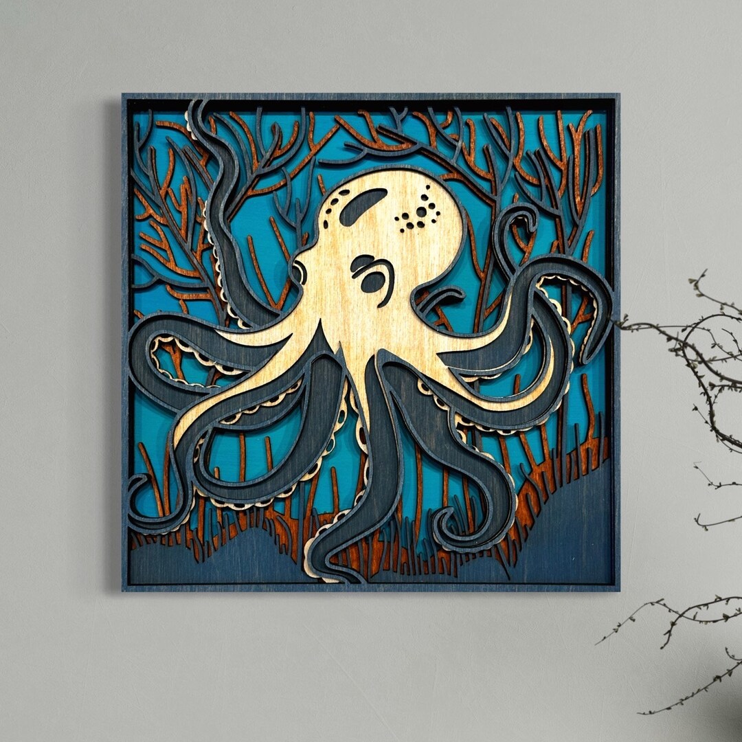 Octopus Layered Wood Artwork Handmade Original Ocean Decor Elemental ...