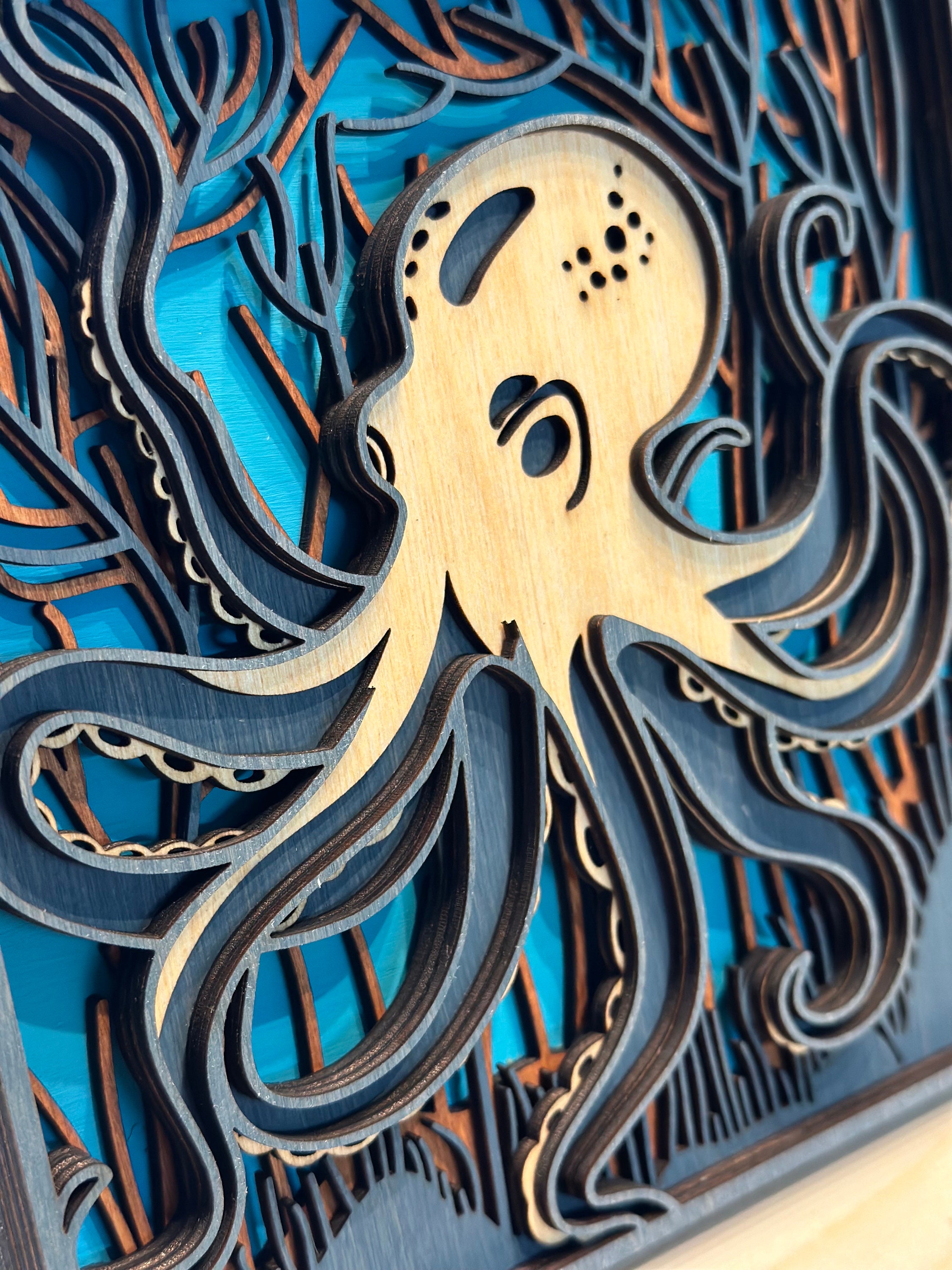 Octopus Layered Wood Artwork Handmade Original Ocean Decor Elemental ...