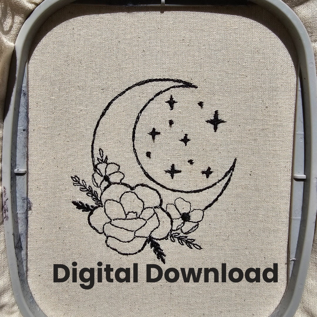Crescent Moon With Flowers Machine Embroidery File, Digital Download 3 ...
