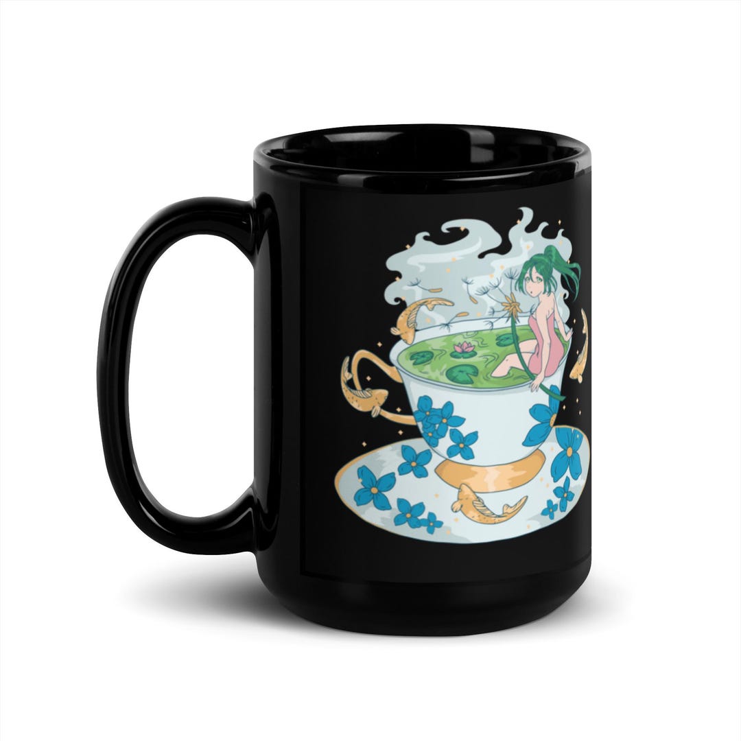 Teacup Anime Girl, Koi & Lilies, Black Glossy Mug - Etsy
