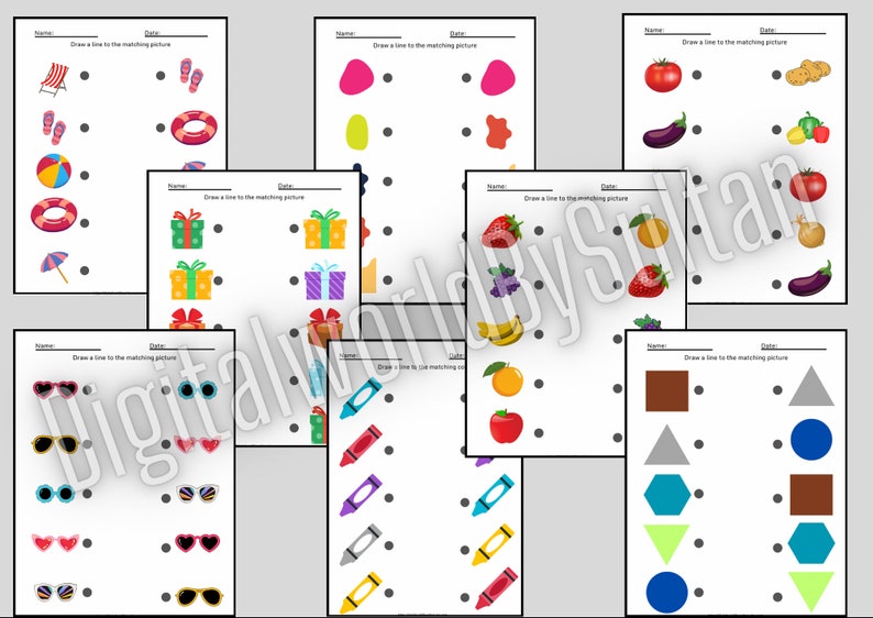 50 Printable Matching Worksheets, Match the Picture, Kindergarten ...