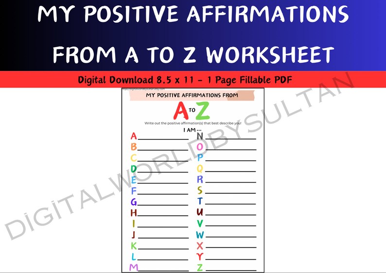 My Positive Affirmations From A-Z Self-esteem Fillable Worksheet for ...