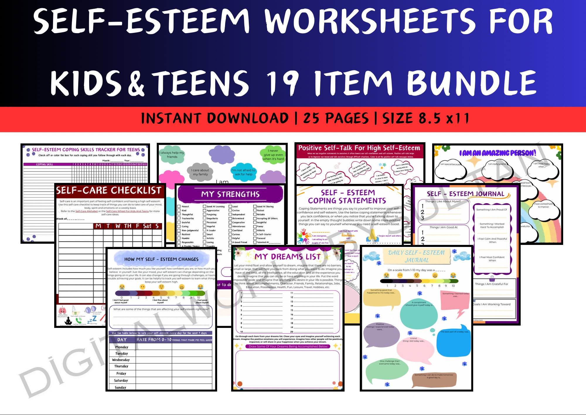 Self Esteem Worksheets Printable Pack for Children and Teens Mental ...