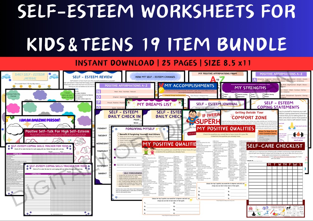 Self Esteem Worksheets Printable Pack for Children and Teens - Mental ...
