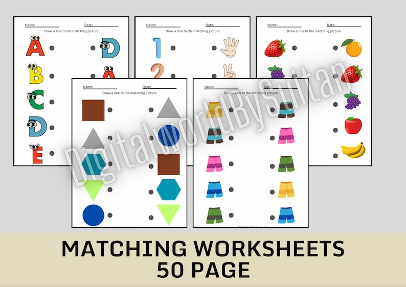 50 Printable Matching Worksheets, Match the Picture, Kindergarten ...