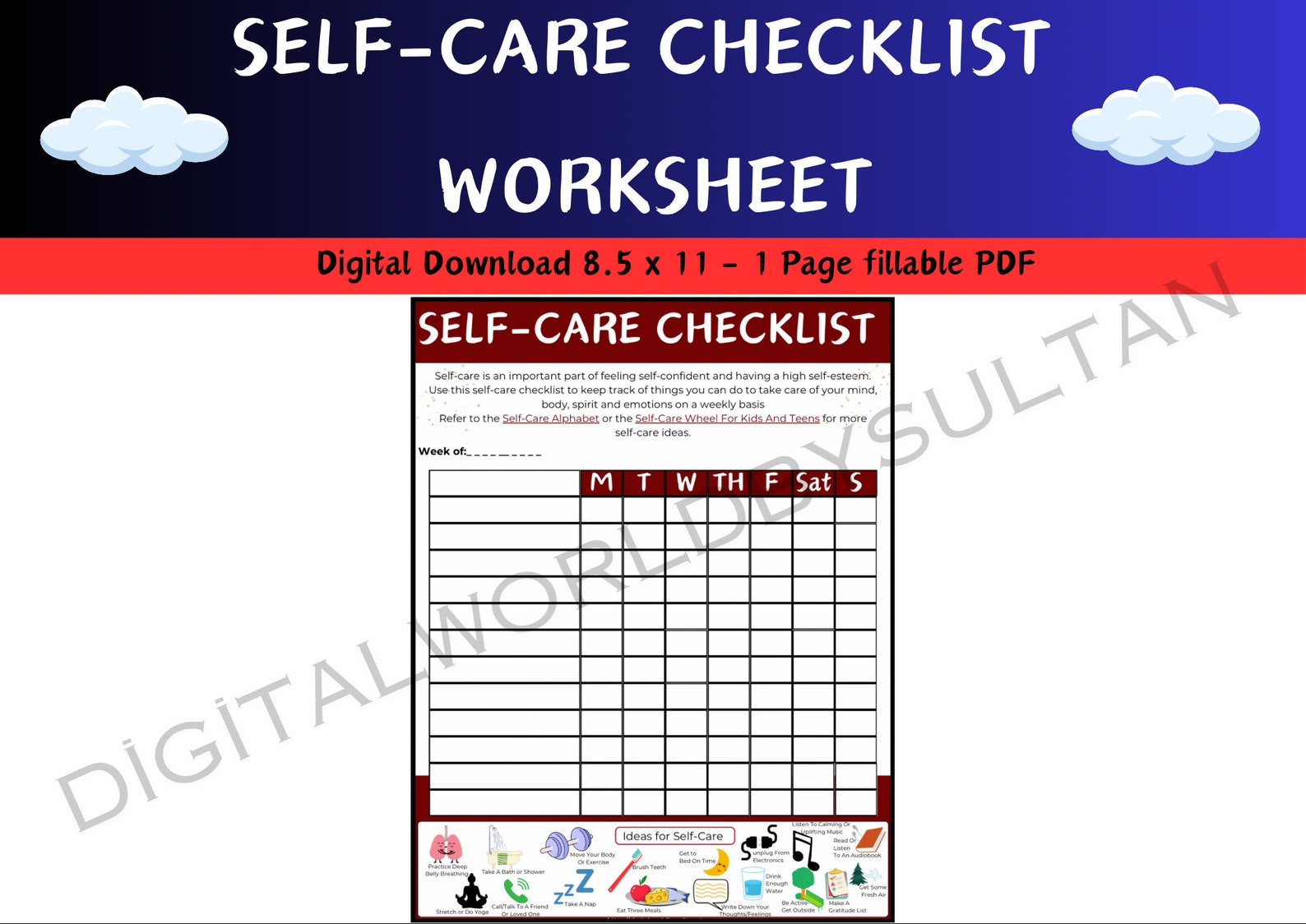 Self-care Checklist Worksheet Self-esteem Mental Health Self-confidence ...