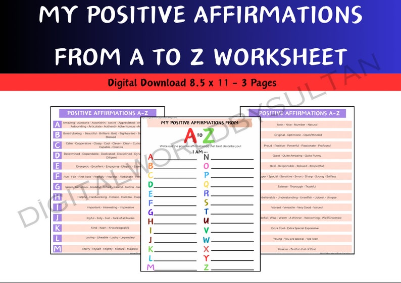 My Positive Affirmations From A-Z Self-esteem Fillable Worksheet for ...