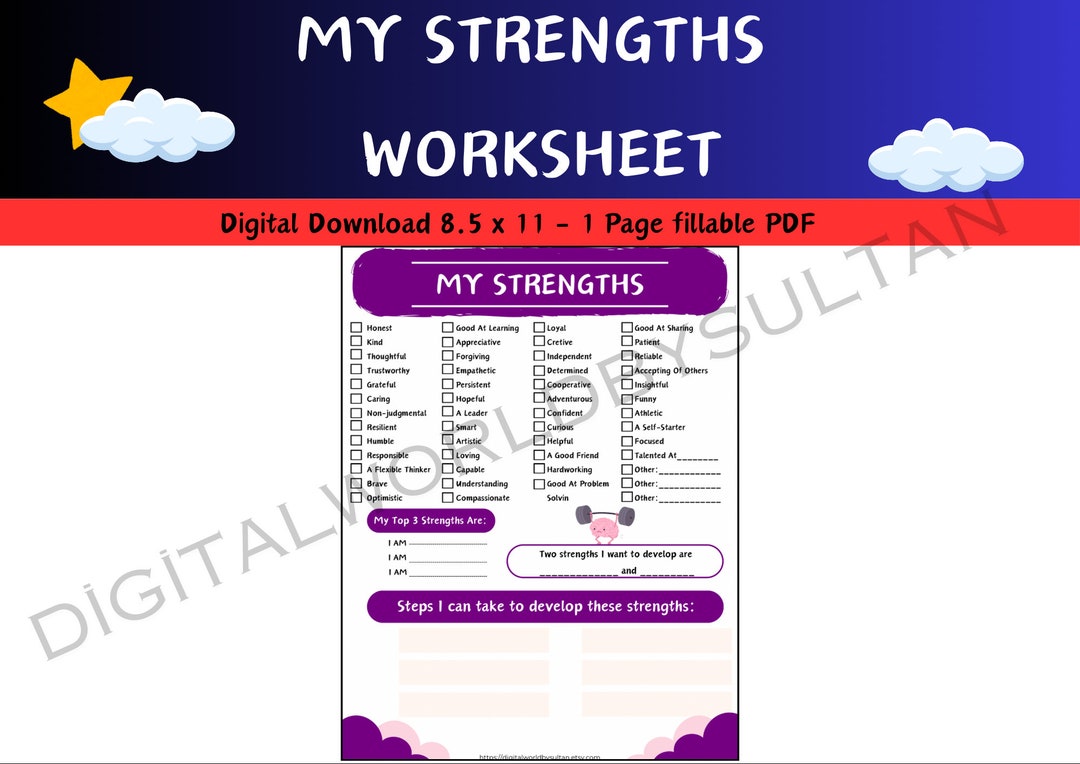My Strengths Self-esteem Fillable Worksheet Kids Teens Mental Health ...