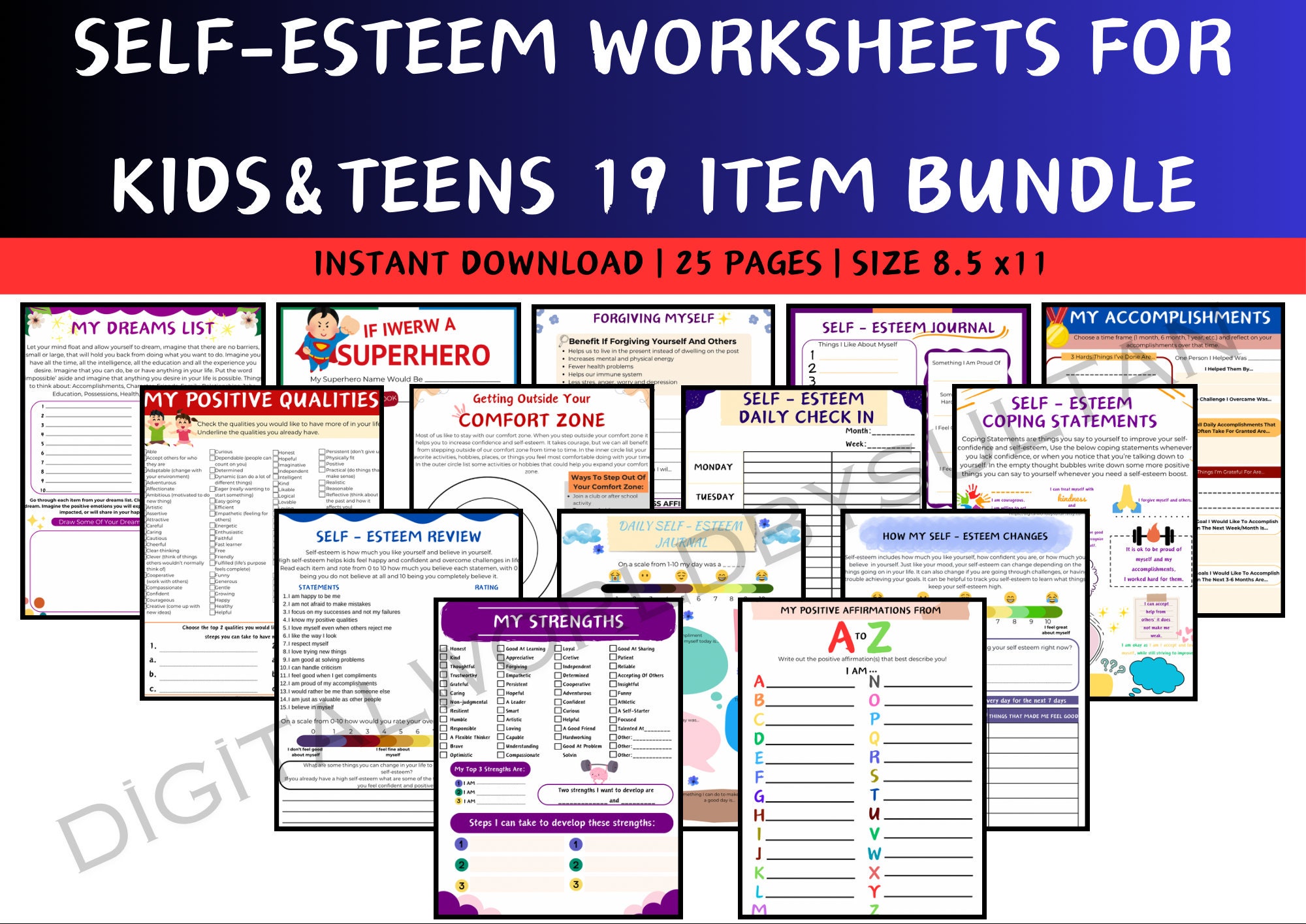 Self Esteem Worksheets Printable Pack for Children and Teens Mental ...
