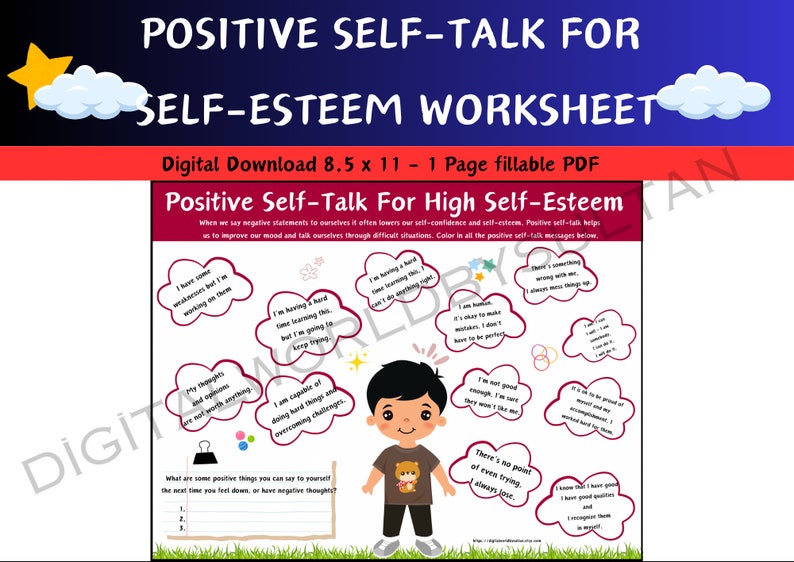 Positive Self-talk for High Self-esteem Printable Coping Skills CBT ...