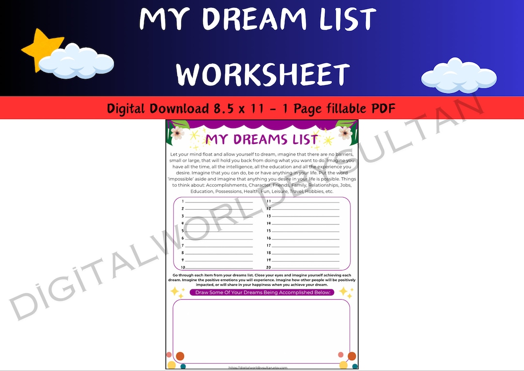 My Dreams List Self-esteem Growth Mindset Printable Worksheet Kids ...