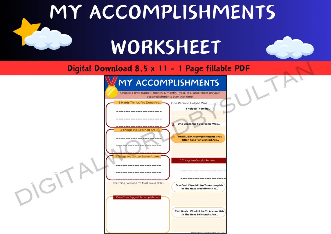 My Accomplishments Self-esteem Worksheet Mental Health Printable Self ...