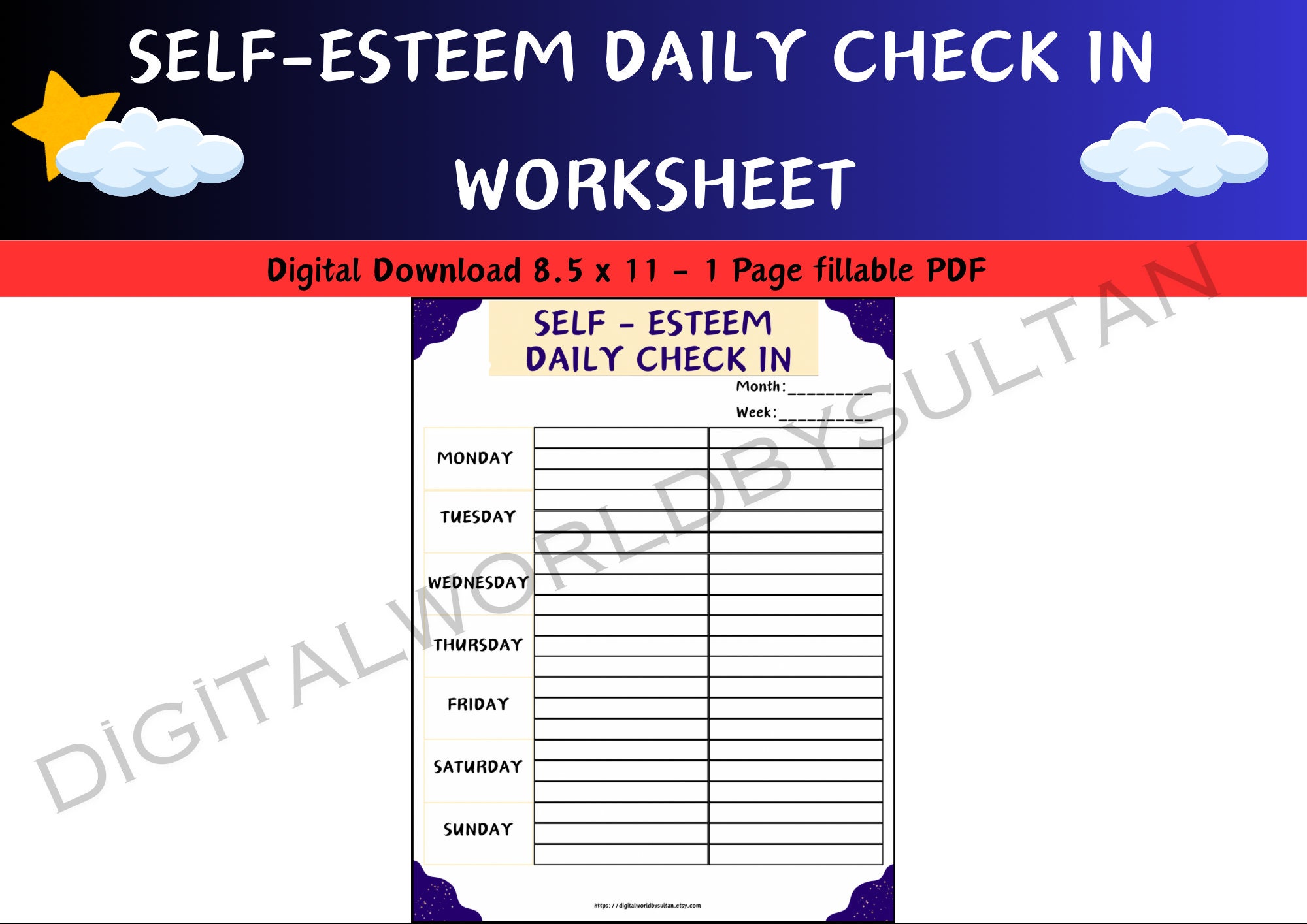 Self-esteem Daily Check in Printable Worksheet for Kids Teens Growth ...