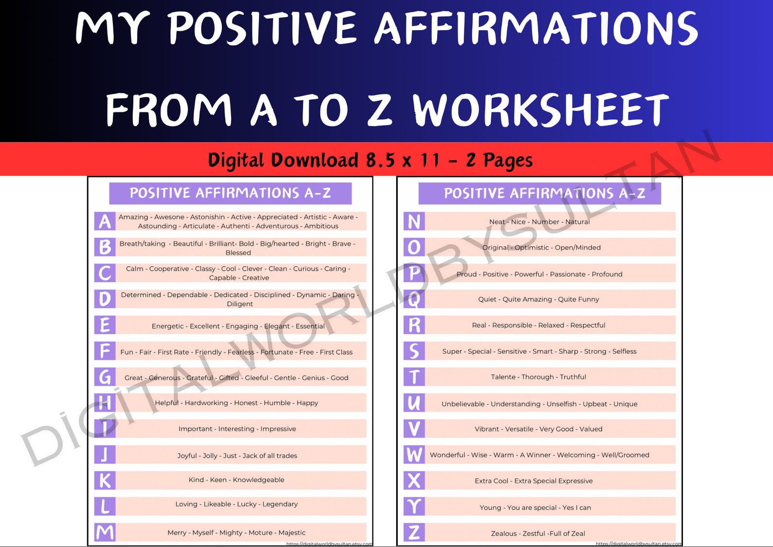 My Positive Affirmations From A-Z Self-esteem Fillable Worksheet for ...