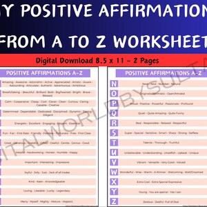 My Positive Affirmations From A-Z Self-esteem Fillable Worksheet for ...