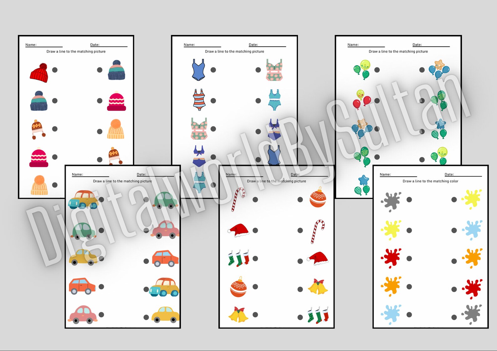 50 Printable Matching Worksheets, Match the Picture, Kindergarten ...