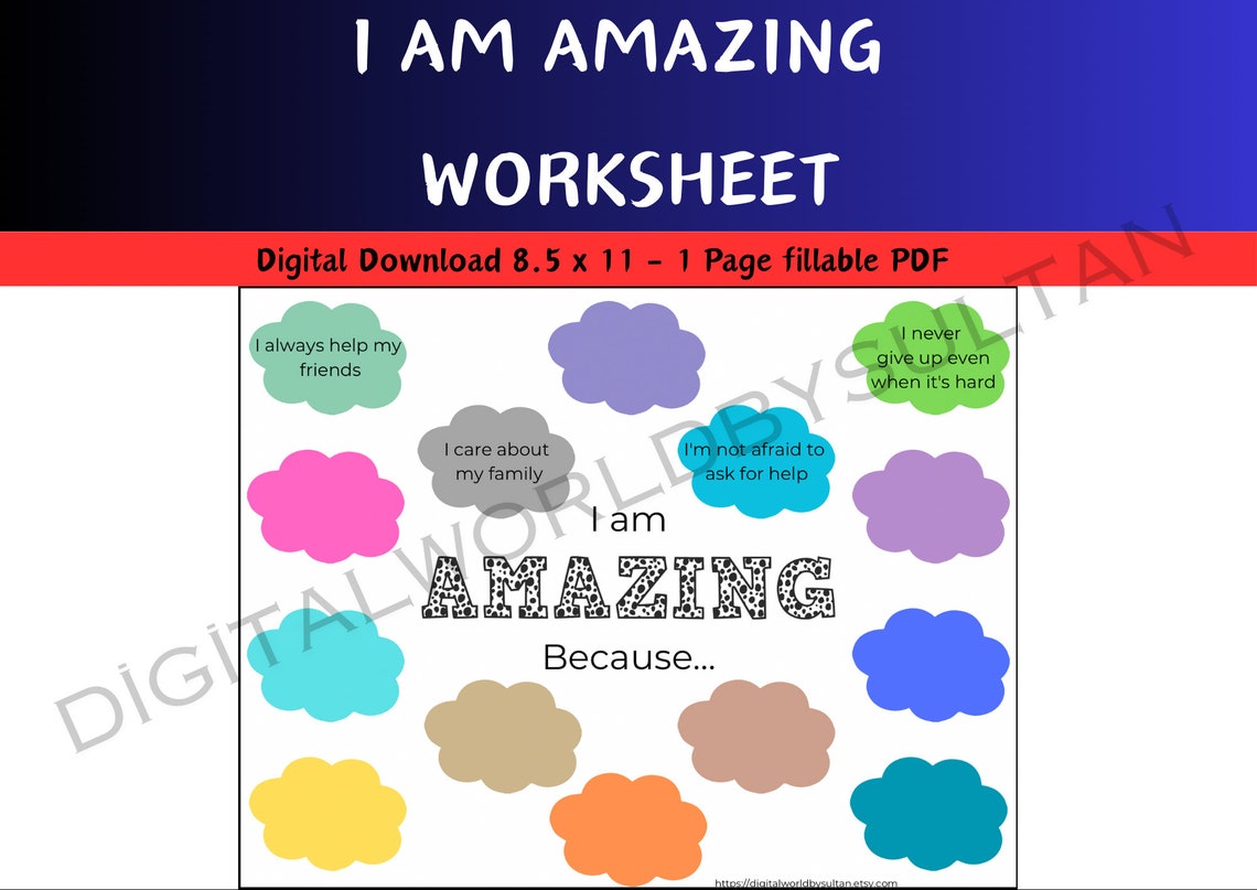 I Am Amazing...self-esteem Fillable Worksheet Kids Teens Growth Mindset ...