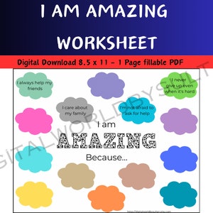 I Am Amazing...self-esteem Fillable Worksheet Kids Teens Growth Mindset ...