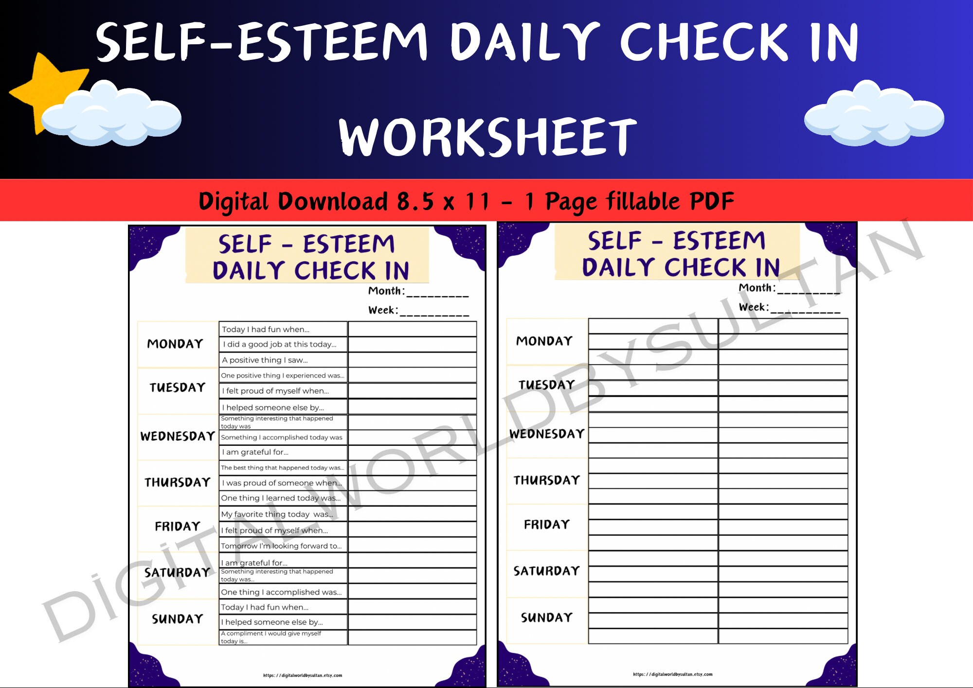 Self-esteem Daily Check in Printable Worksheet for Kids Teens Growth ...