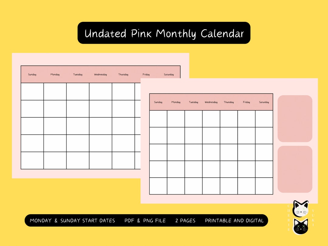 Undated Pink Monthly Calendar, Two Pages, Simple Calendar, Monday and ...