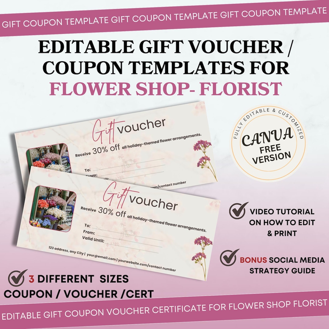Flower Shop Gift Voucher Editable Gift Certificate for Florist Coupon ...