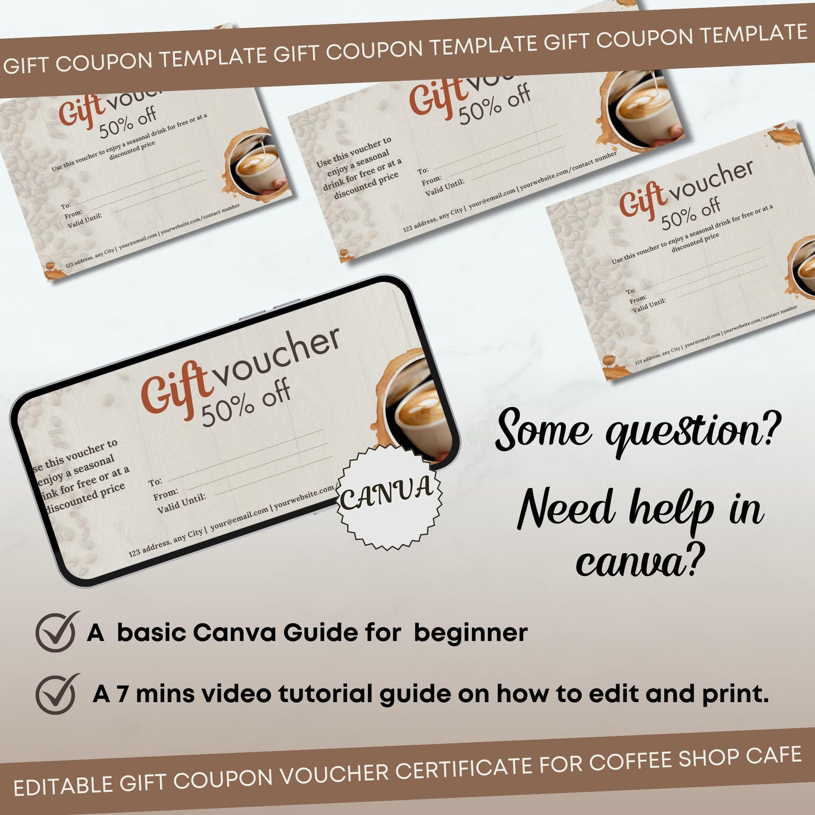 Editable Coffee Gift Voucher Template for Cafe Shop, Coupon for Coffee ...