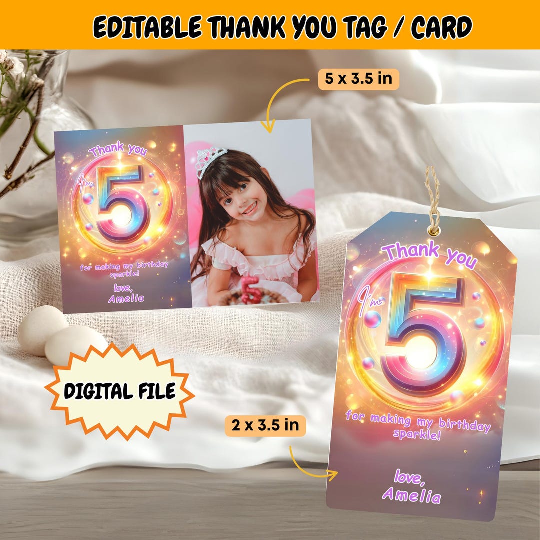 5th Birthday Thank You Label, Thank You Tag, Editable Thank You Cards ...
