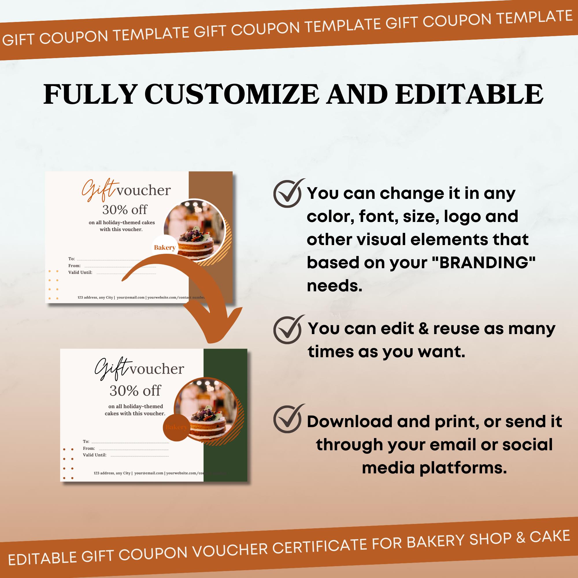 Editable Bakery Gift Voucher Template for Bake Shop, Digital ...