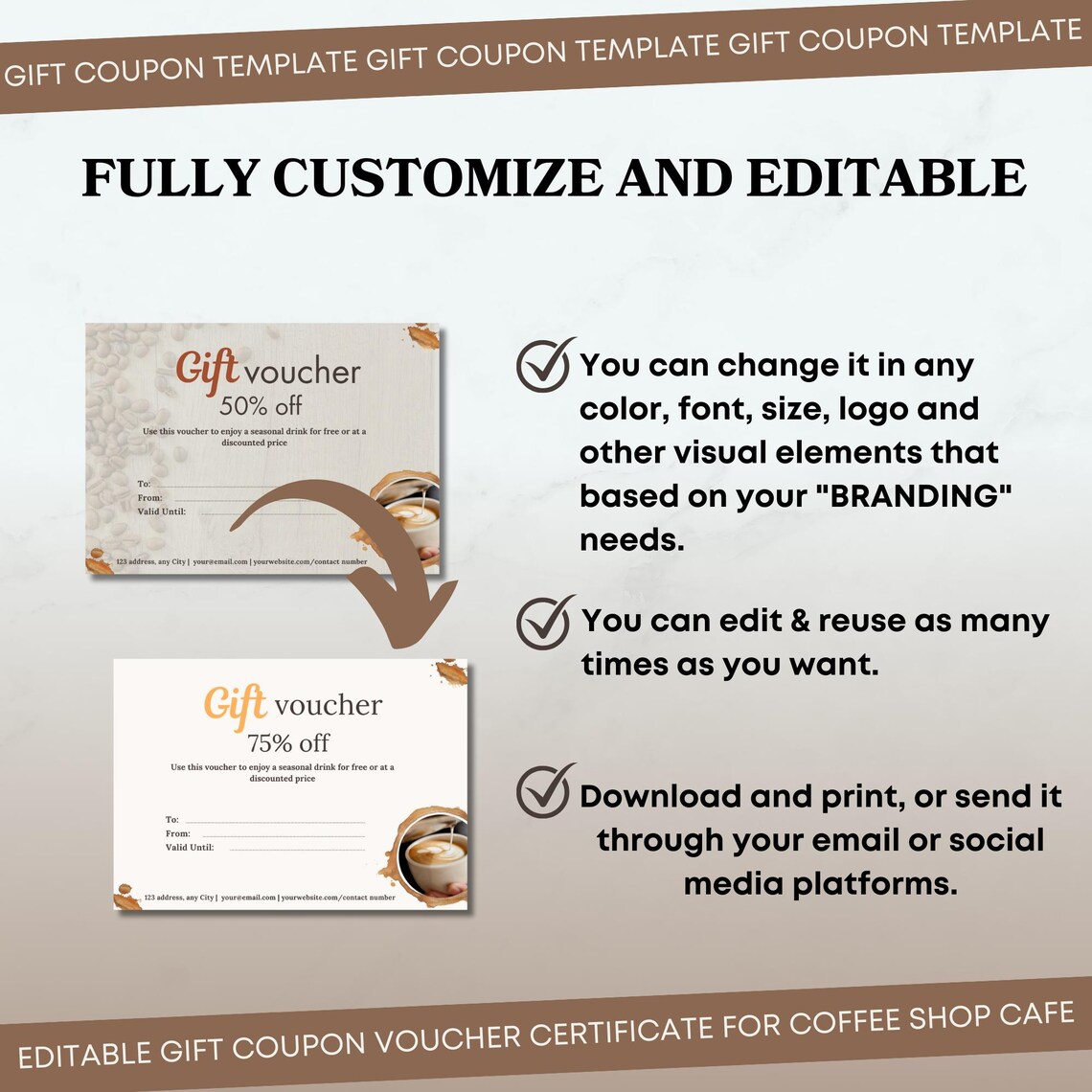 Editable Coffee Gift Voucher Template for Cafe Shop, Coupon for Coffee ...