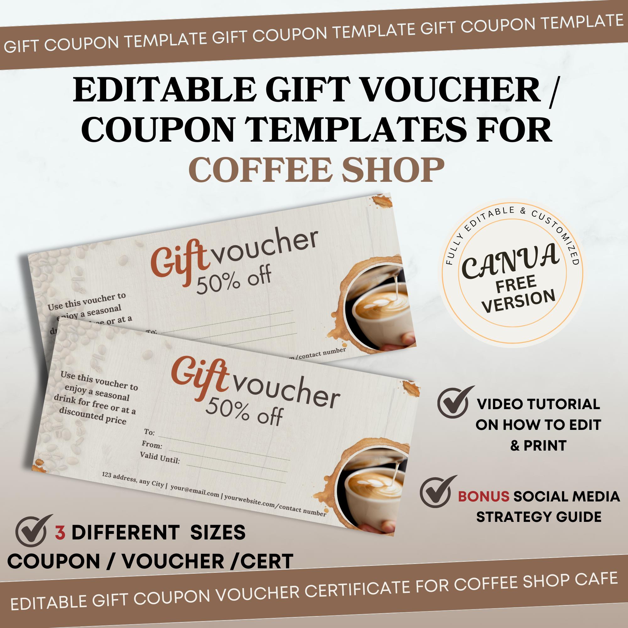 Editable Coffee Gift Voucher Template for Cafe Shop, Coupon for Coffee ...