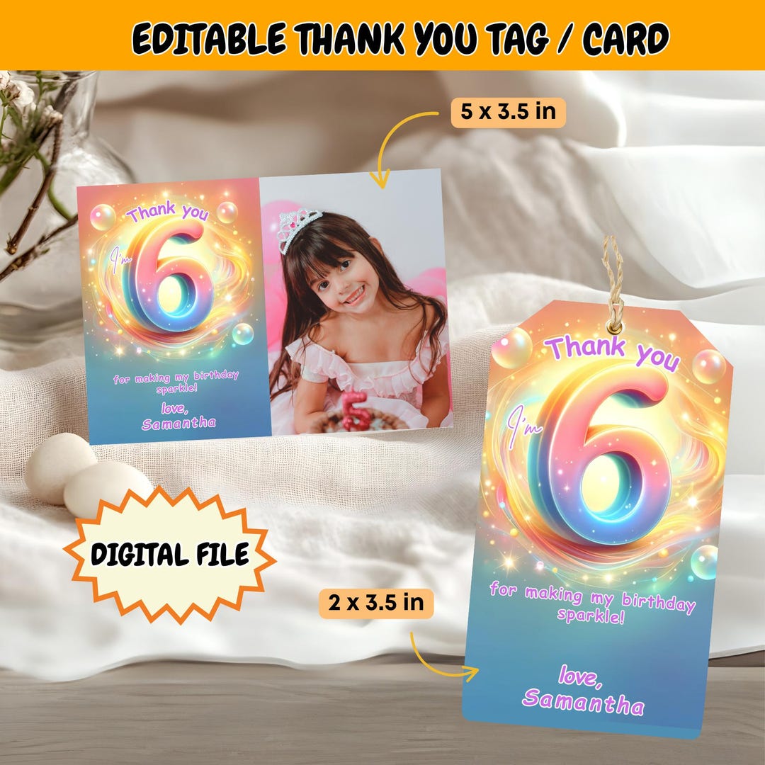 6th Rainbow Birthday Thank You Tags: Editable Favor Labels (digital ...