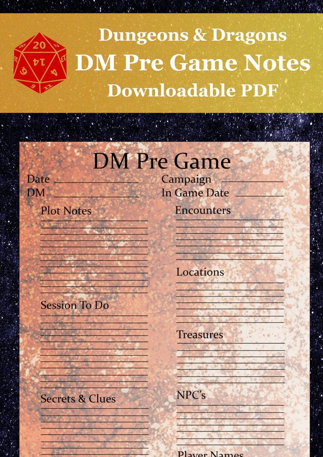 Pre Designed PDF DM Pre-game Notes Sheet | Printable, Dnd, D&D, 5e ...