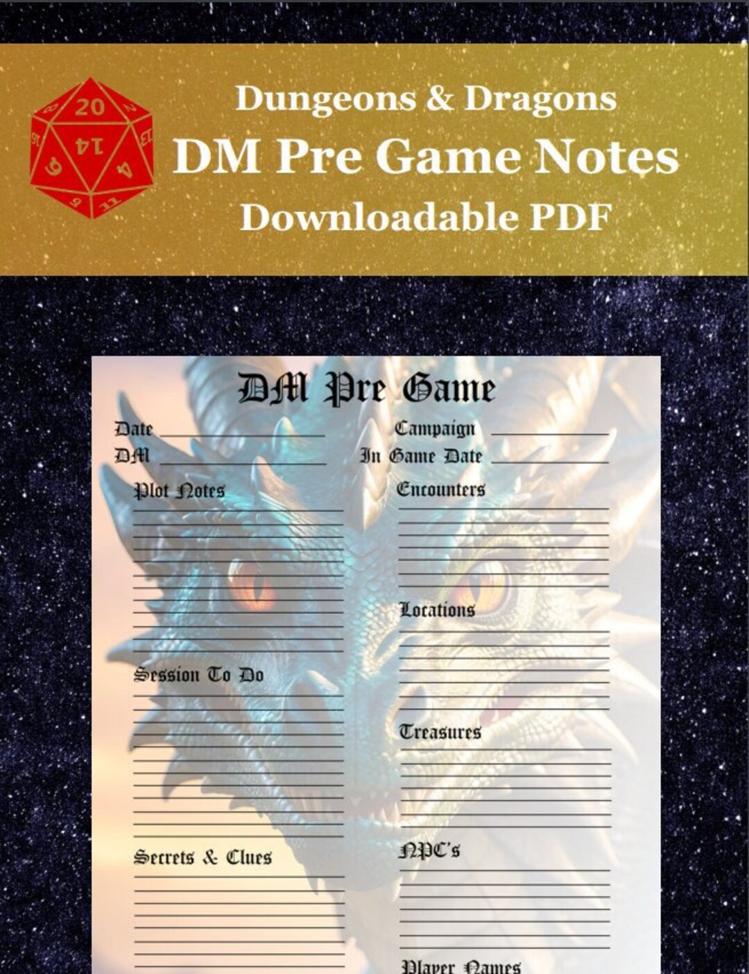 Pre Designed PDF DM Pre-game Notes Sheet | Printable, Dnd, D&D, 5e ...