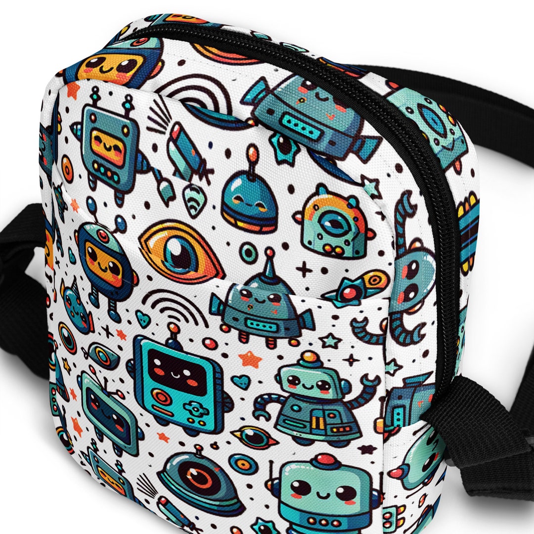 White Robot Design Crossbody Utility Bag, White Night Out Bag, Festival ...
