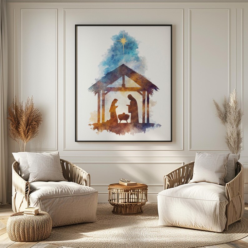 Nativity Scene Watercolor Art Print – Christmas Image With Mary, Joseph ...