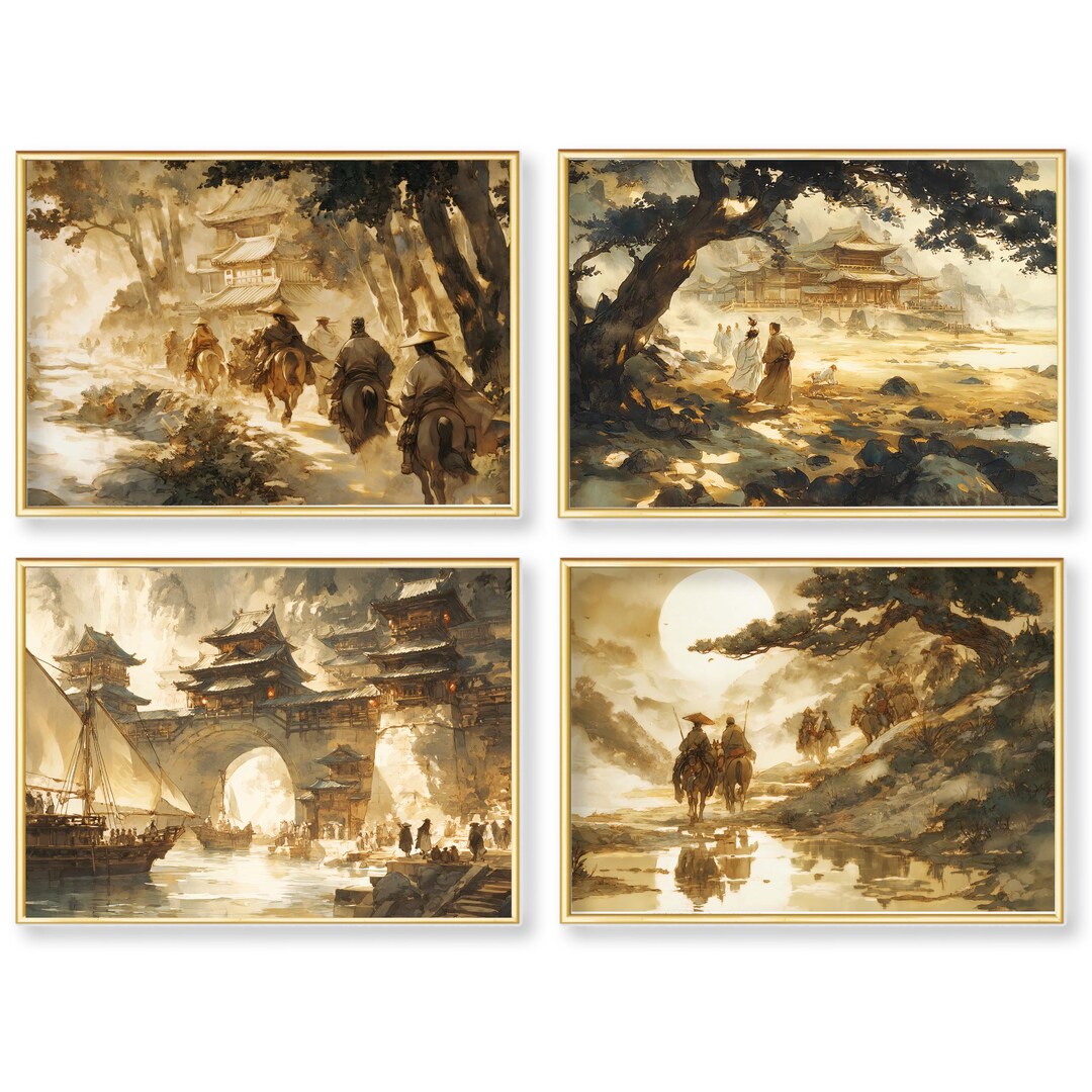4-piece Asian Landscape Prints Set – Vintage Samurai Art | Japanese ...