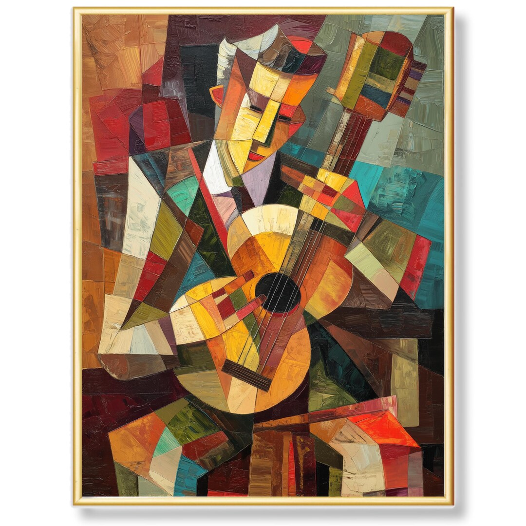 Cubist Musician Painting – Abstract Guitarist in Fragmented Style, Bold ...