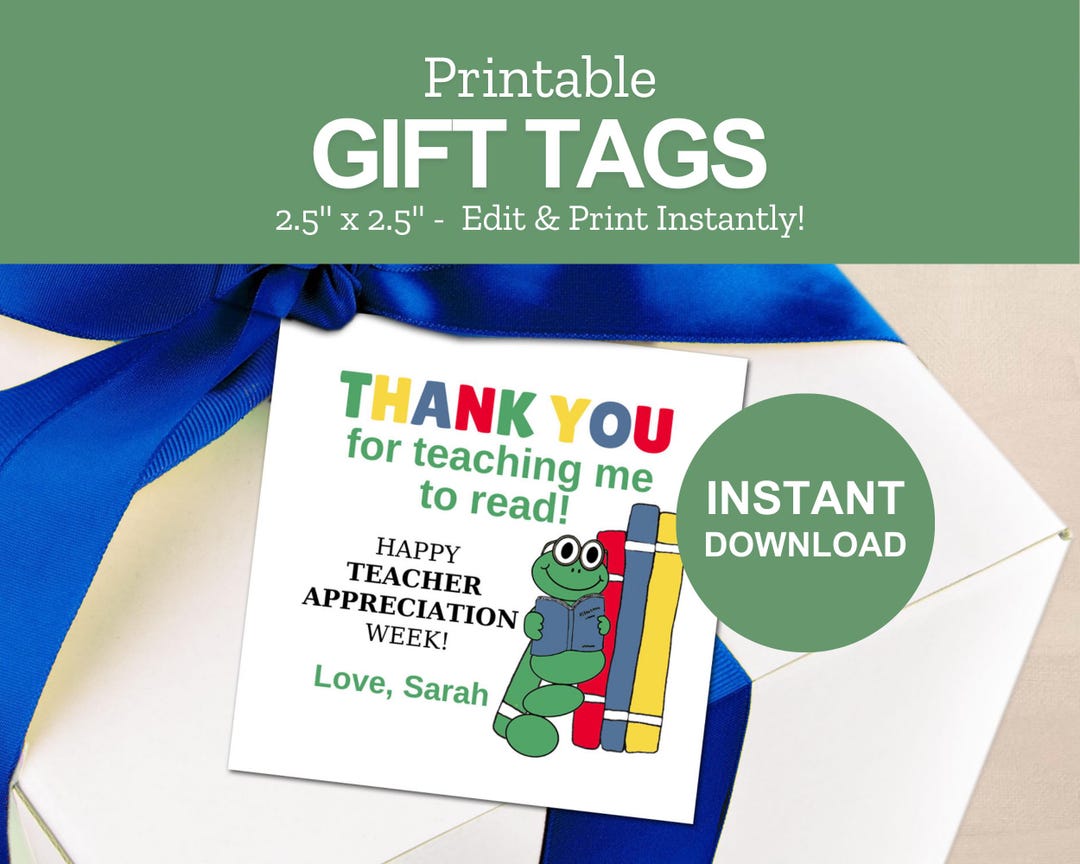 Bookworm Gift Tags - Printable Teacher Appreciation Tag - Editable ...