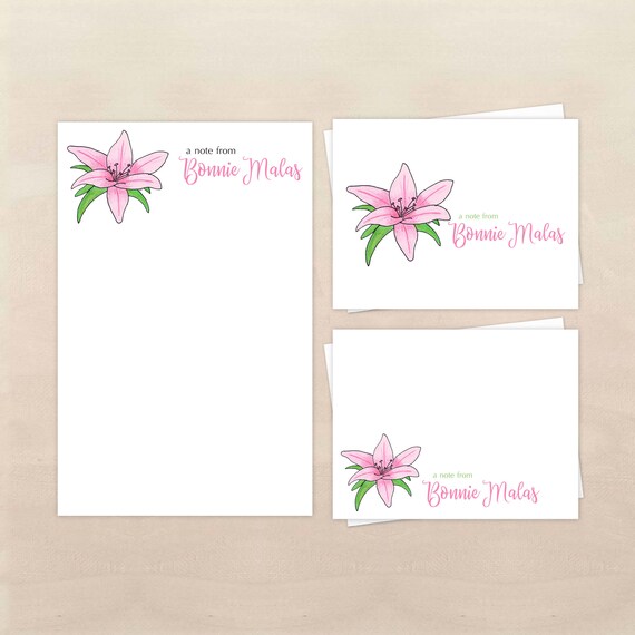 Personalized Stationery Set Pink Lily Notepad & Note Cards - Etsy