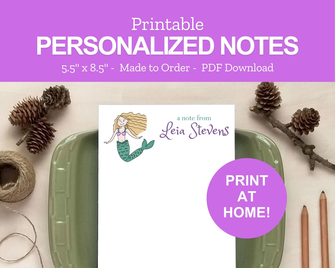 Printable Mermaid Note Paper - DIY Personalized Notepad - Custom ...