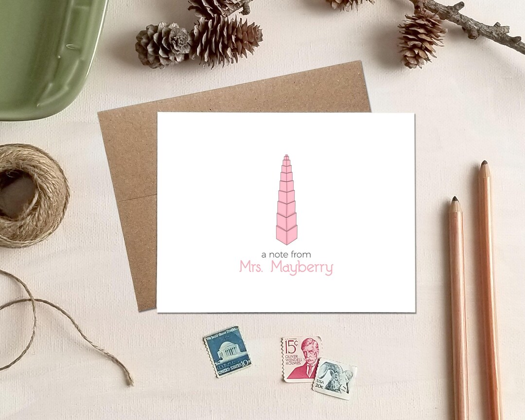 Pink Tower Note Cards - Personalized Elementary Teacher Note Card Set ...